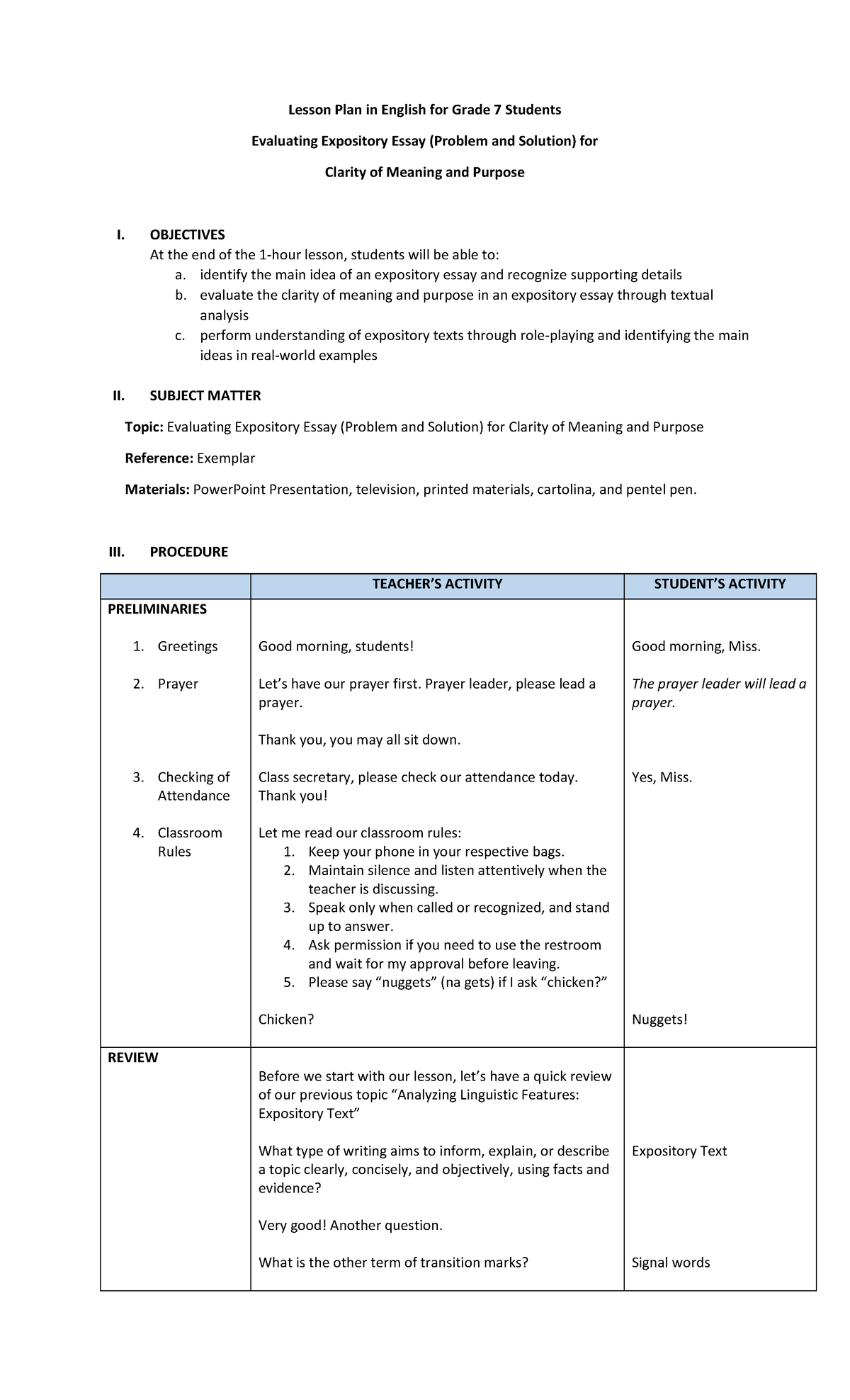 Grade 7 English Lesson Plan: Evaluating Expository Essays for Clarity ...