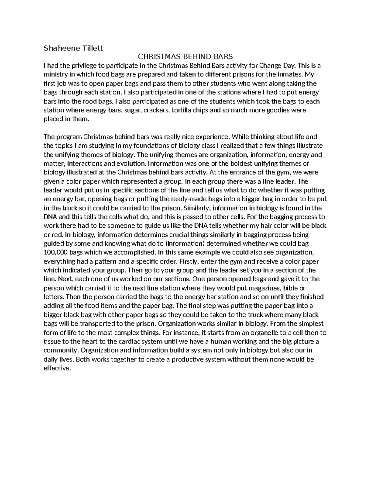 Themes of Biology: Insights from the Christmas Behind Bars Activity - Studocu