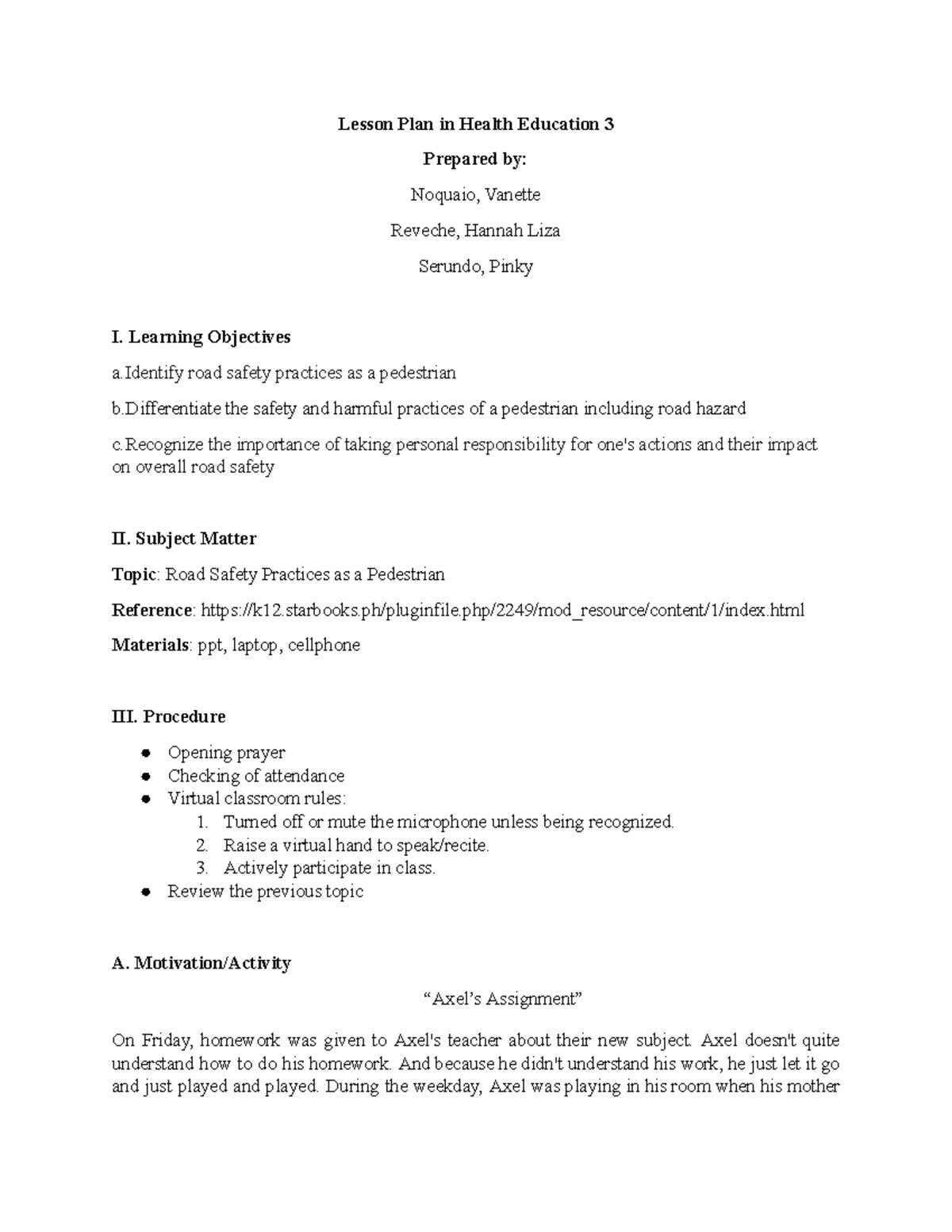 Health Ed 3 Lesson Plan: Road Safety Practices for Pedestrians - Studocu