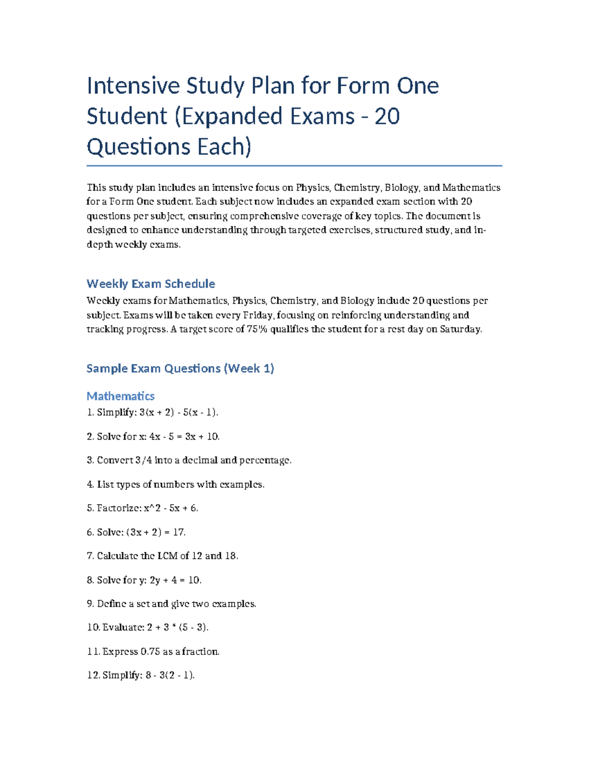Form One Intensive Study Plan: Expanded Exams for 4 Subjects - Studocu