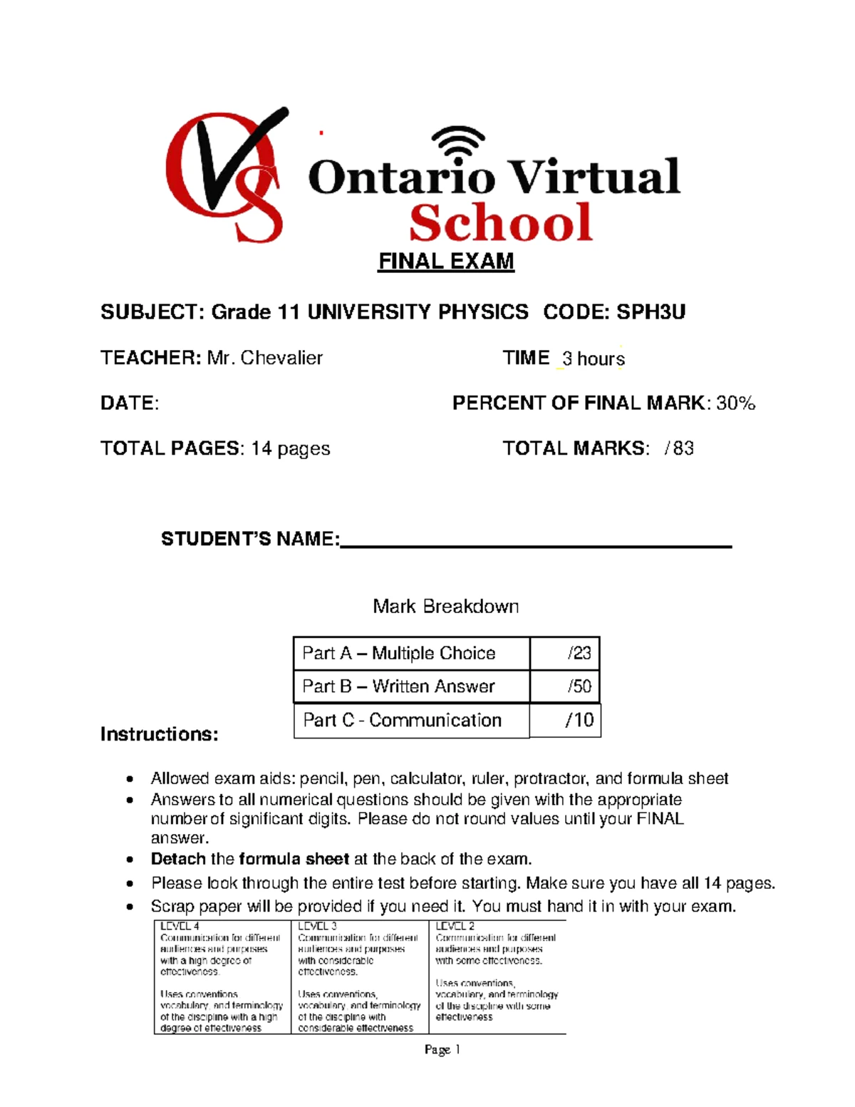 Grade 11 Physics, SPH3U Formula Reference Sheet for Evaluations - Studocu