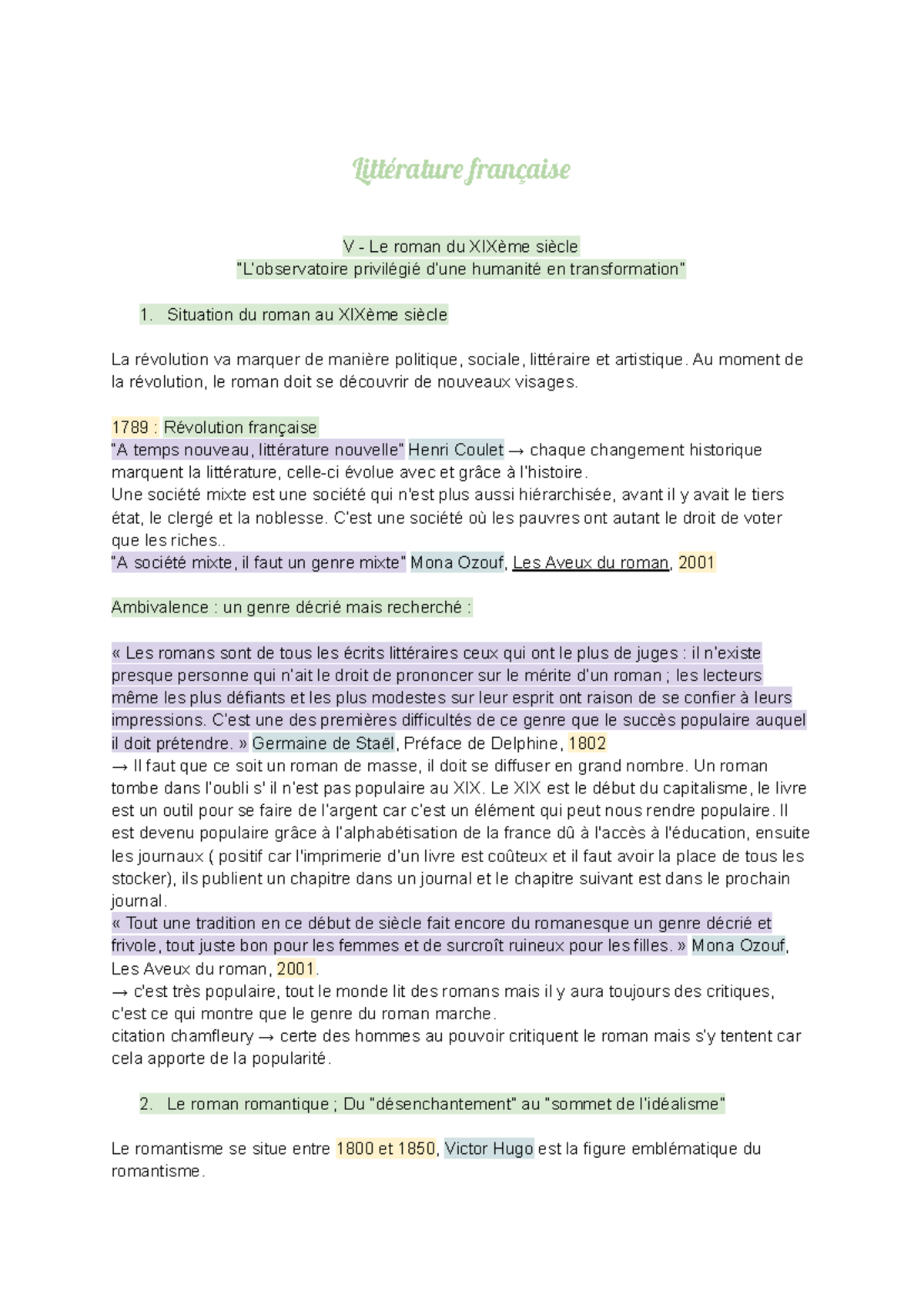 Littérature française V : Prise de notes sur le Roman du XIXème siècle ...