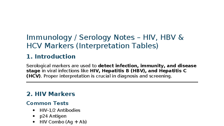 HIV, HBV & HCV Serological Markers - Interpretation Tables (Immunology ...