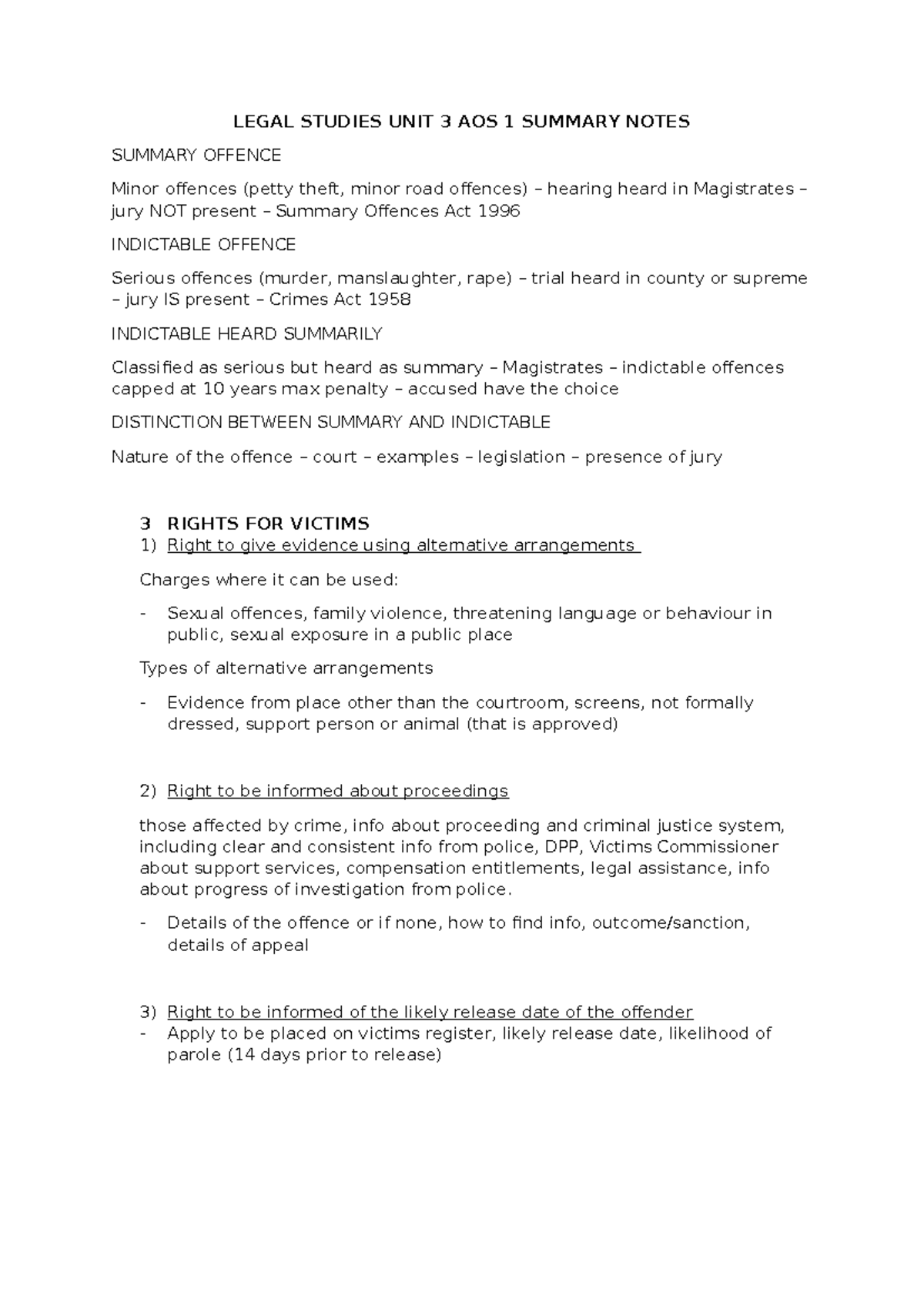 Legal Studies Unit 3 AOS 1 Summary Notes on Offences and Rights - Studocu