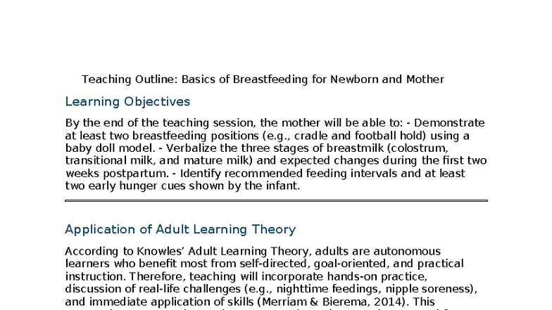 Breastfeeding Teaching Outline: Key Concepts for New Mothers - Studocu