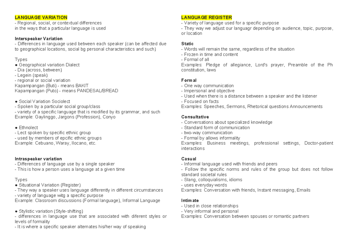 LANGUAGE VARIATION REVIEWER FOR Finals: Key Concepts and Examples - Studocu