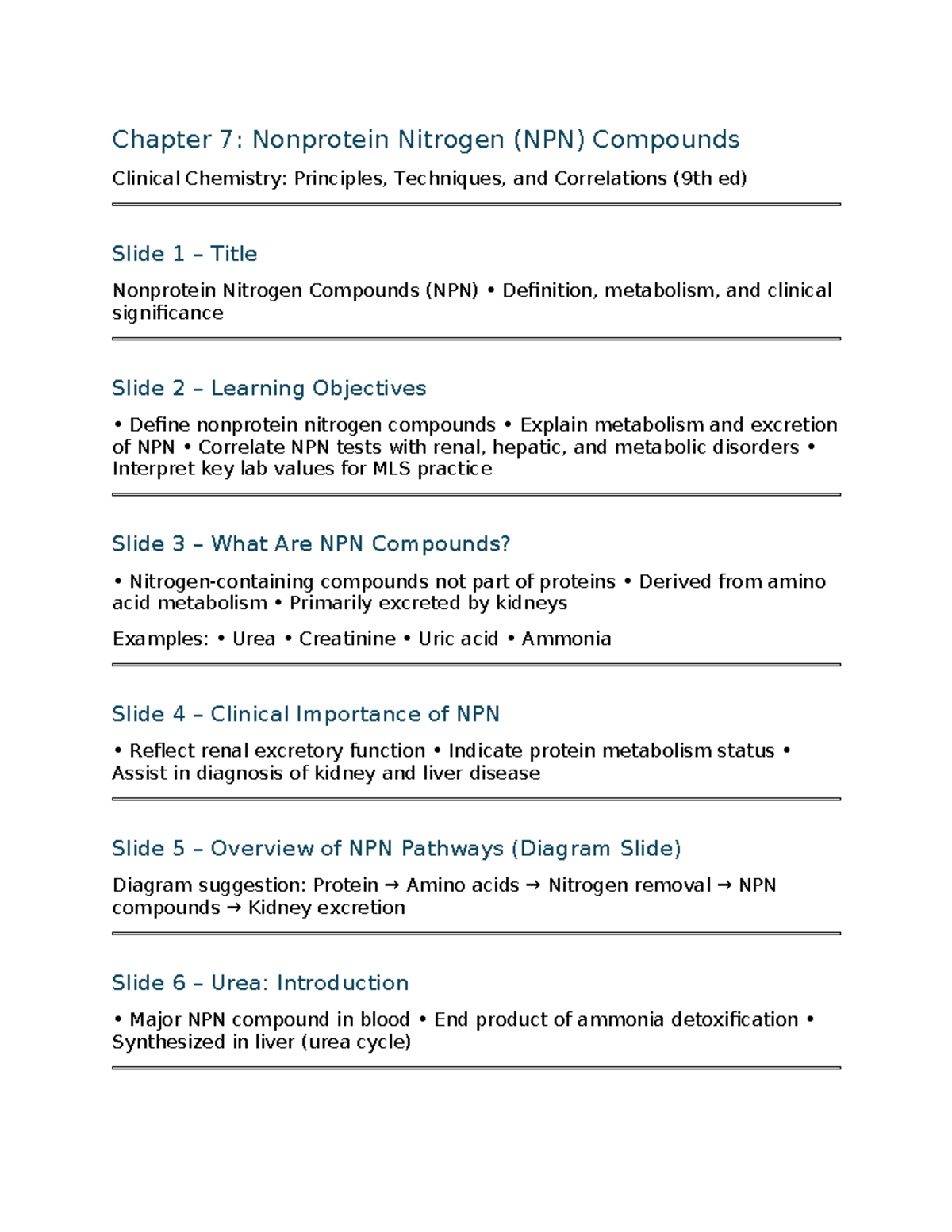 Chapter 7: Nonprotein Nitrogen Compounds - 30-Slide Lecture Notes - Studocu