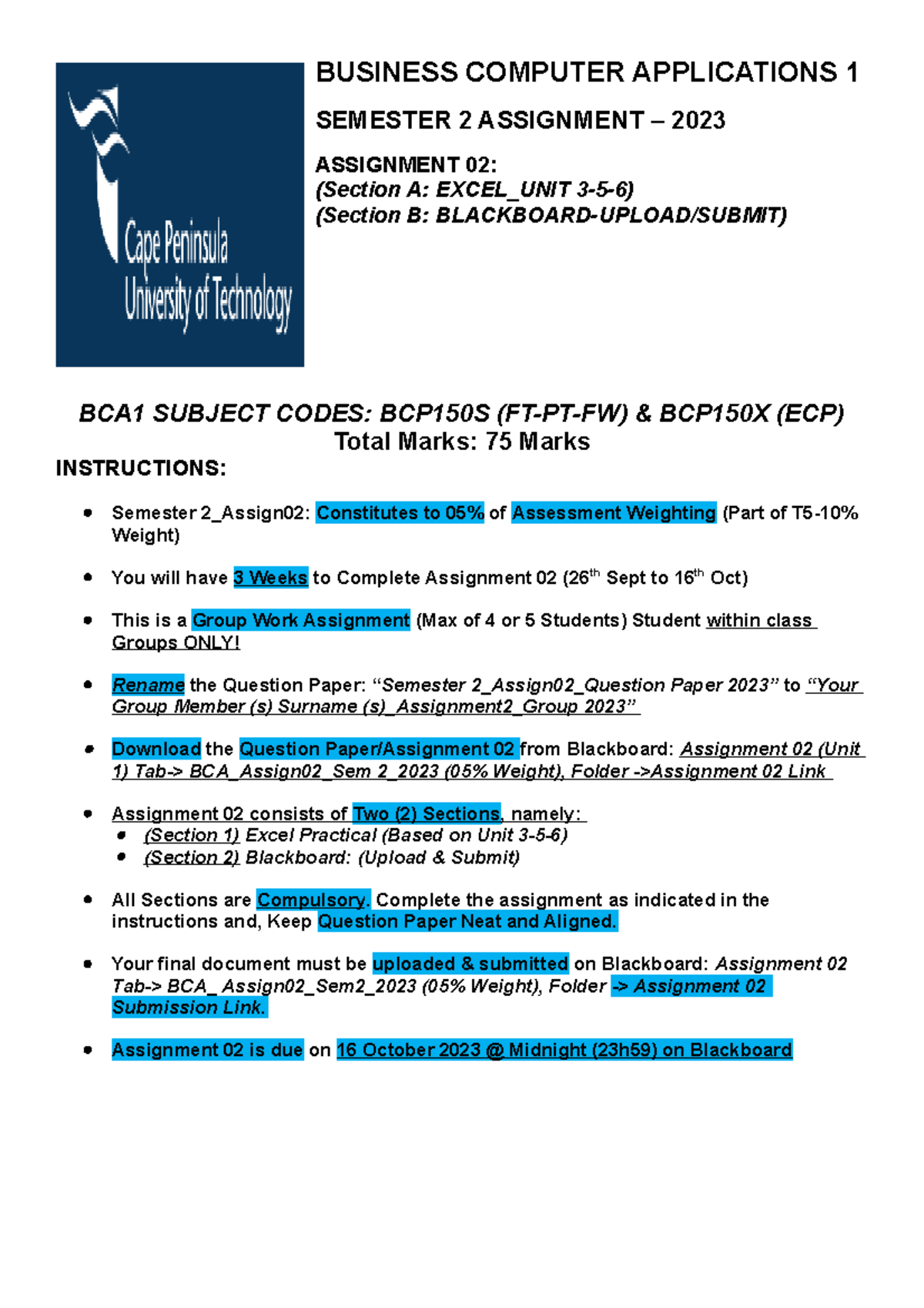 BCA1 Assignment 02: Excel Practical & Submission Guidelines (2023) - Studocu