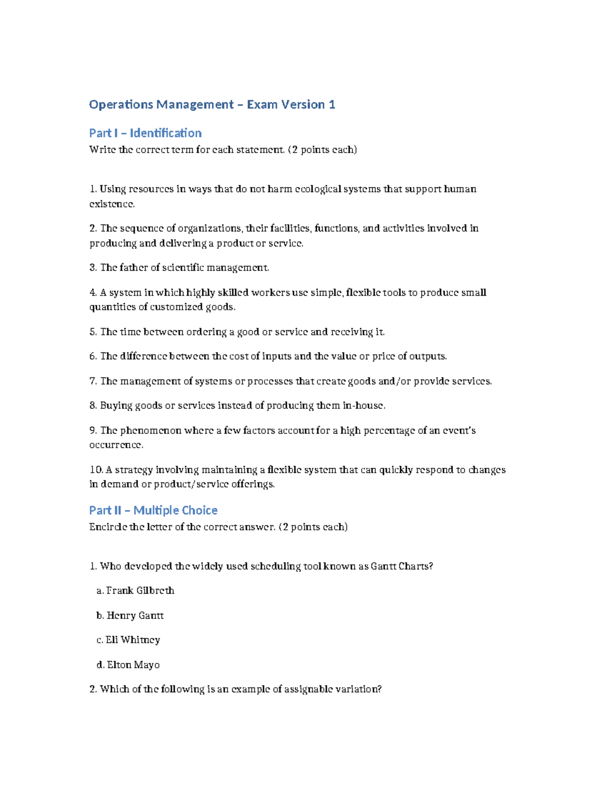 Operations Management Exam Versions 1-4: Identification & MCQ Guide ...