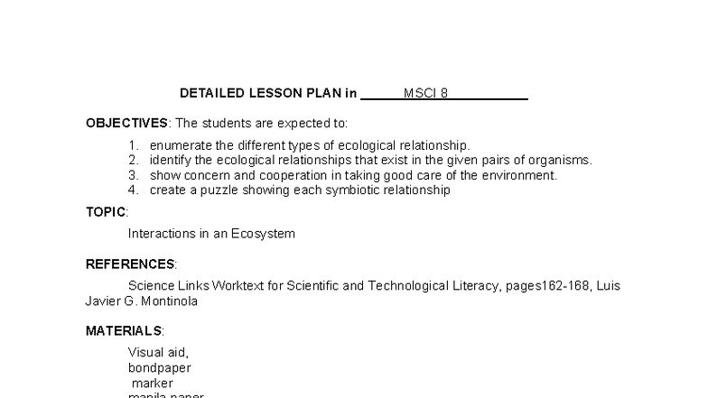 MSCI8 Lesson Plan: Ecological Relationships and Ecosystem Interactions ...