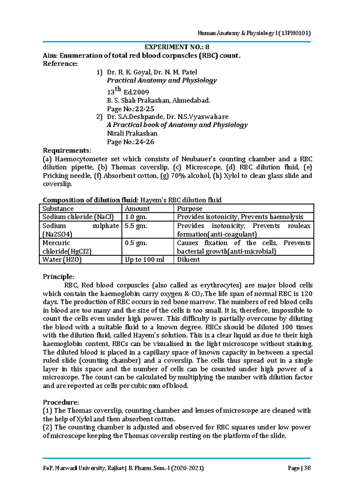 RBC Count Enumeration Procedure in Human Anatomy & Physiology I ...