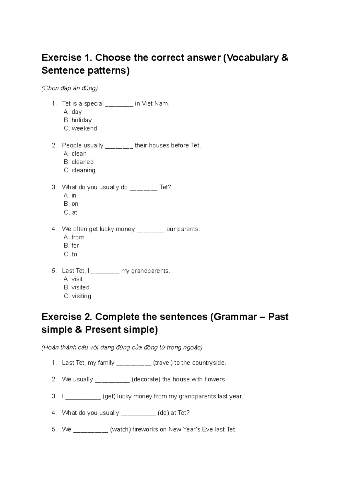 Exercise 1 & 2: Vocabulary, Grammar, and Speaking Practice (Unit 13 ...