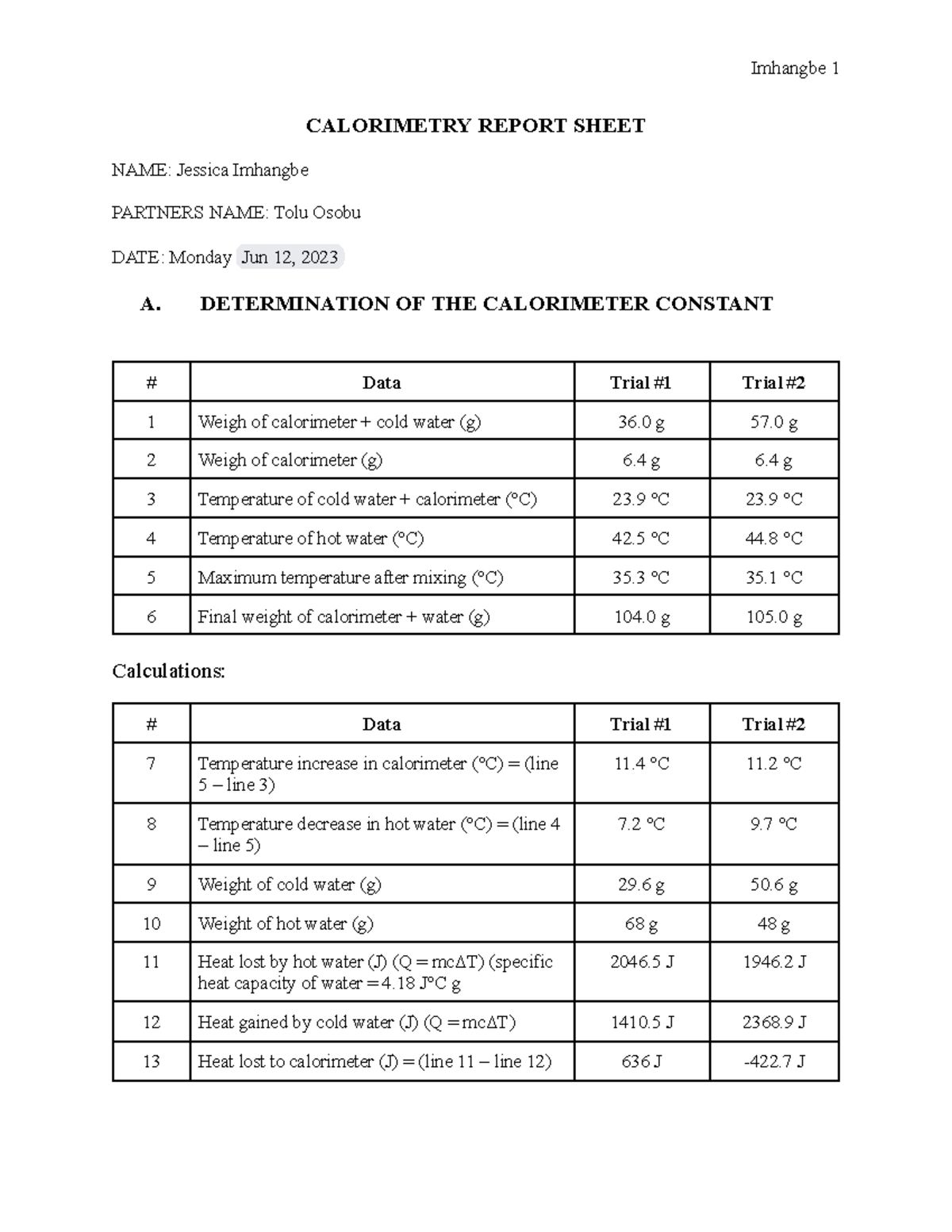 Calorimetry Laboratory Report - CHEM 101 - Studocu