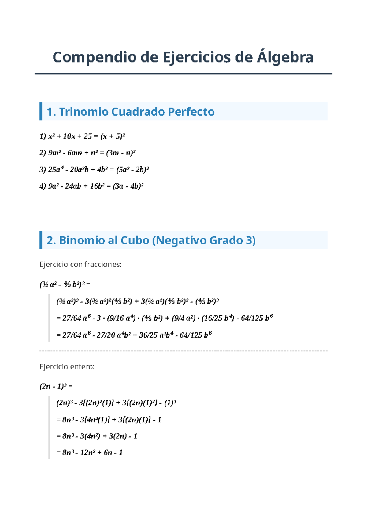 Ejercicios de Álgebra 1: Trinomios y Binomios - Ejemplos - Studocu