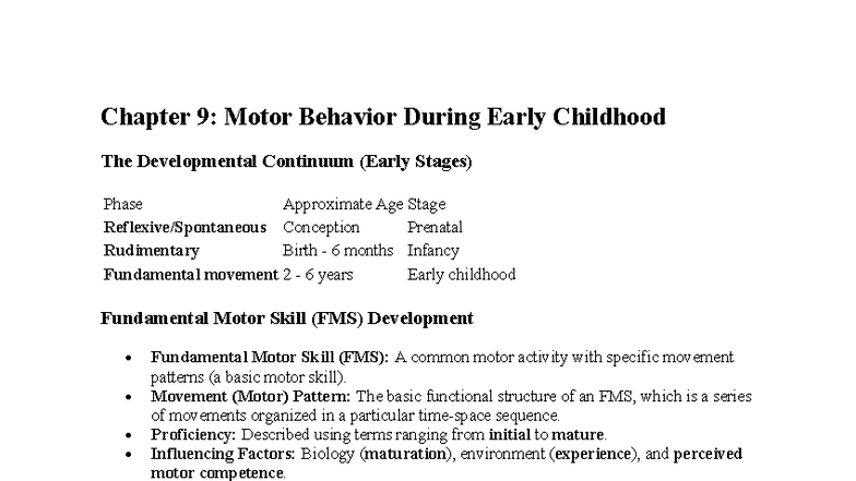 Chapter 9 & 10: Motor Behavior Development (Ages 0-30+) - Studocu
