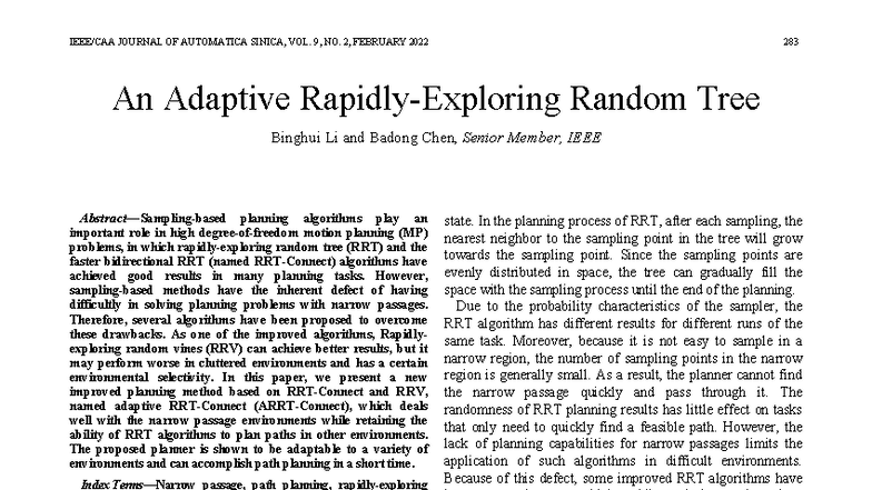 Adaptive Rapidly Exploring Random Tree for Motion Planning (283) - Studocu