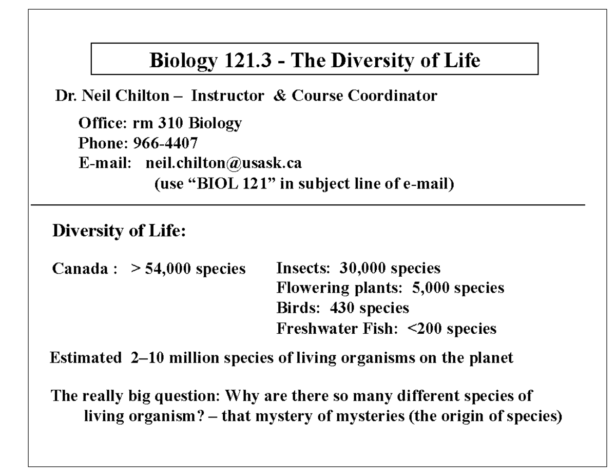 Biol 121 Lecture 01 (Jan 6) - Office: rm 310 Biology Phone: 966- E-mail ...