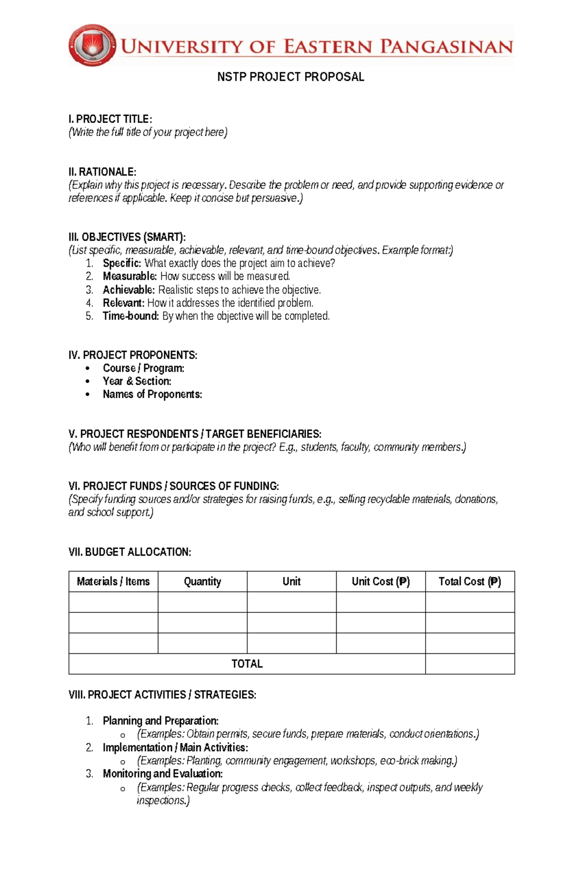 NSTP Project Proposal Template: Guidelines for Effective Planning - Studocu