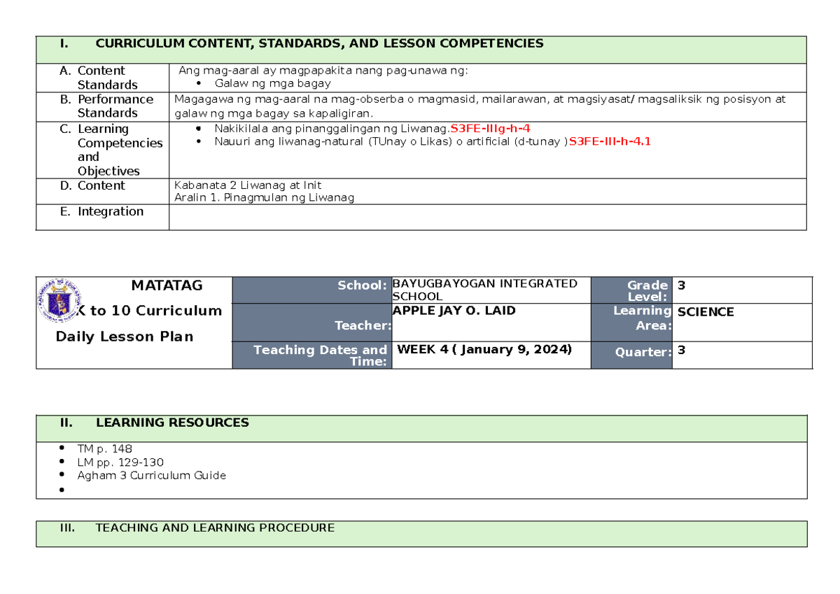 Matatag- Lesson-PLAN - Sample Lesson Plan - I. CURRICULUM CONTENT ...