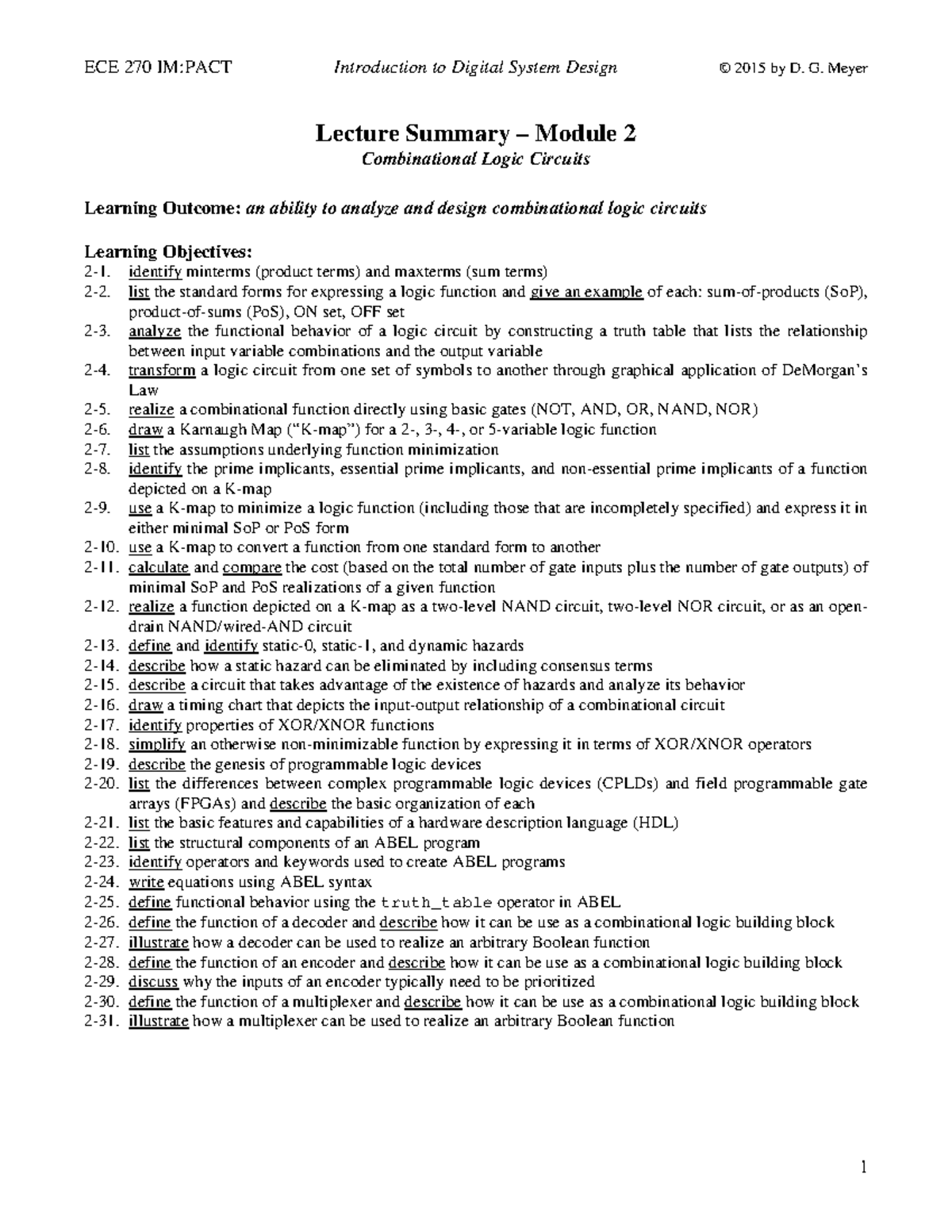 Lecture notes, lecture Module 2 - Lecture summary- 2015/2016 - ECE 270 ...