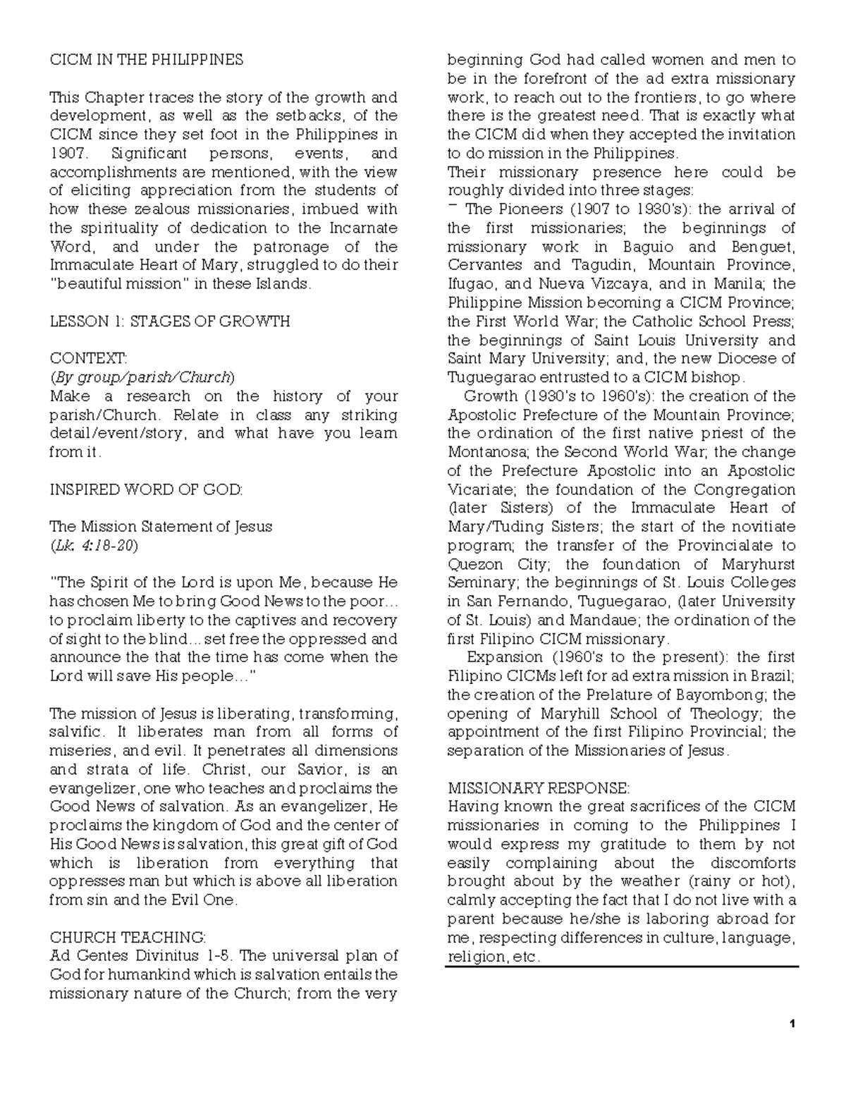 CICM in the Philippines: Growth, Contributions, and Challenges - Studocu