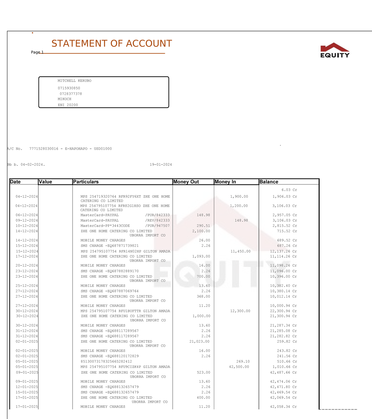 Equity-BANK Account Statement (A/C: 7771528030016) - Studocu