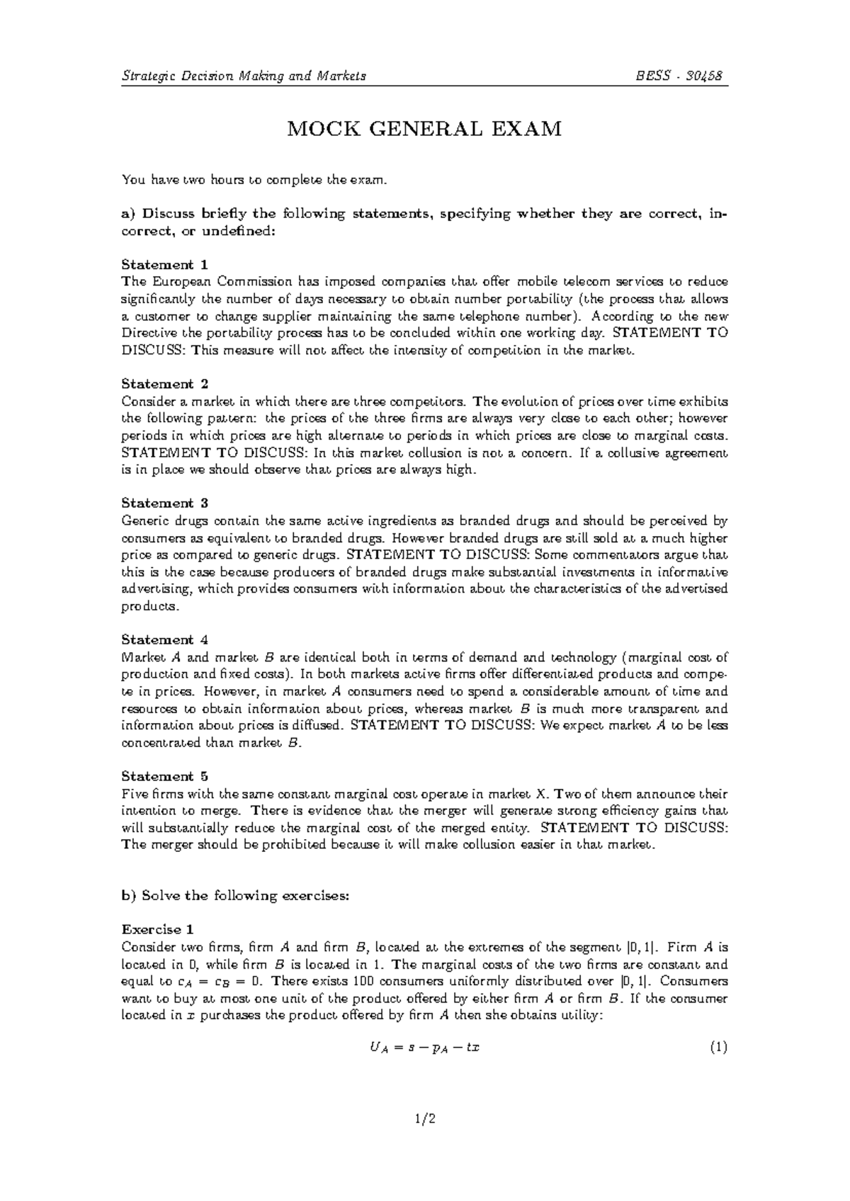 Strategic Decision Making BESS 30458 Mock General Exam Statements - Studocu