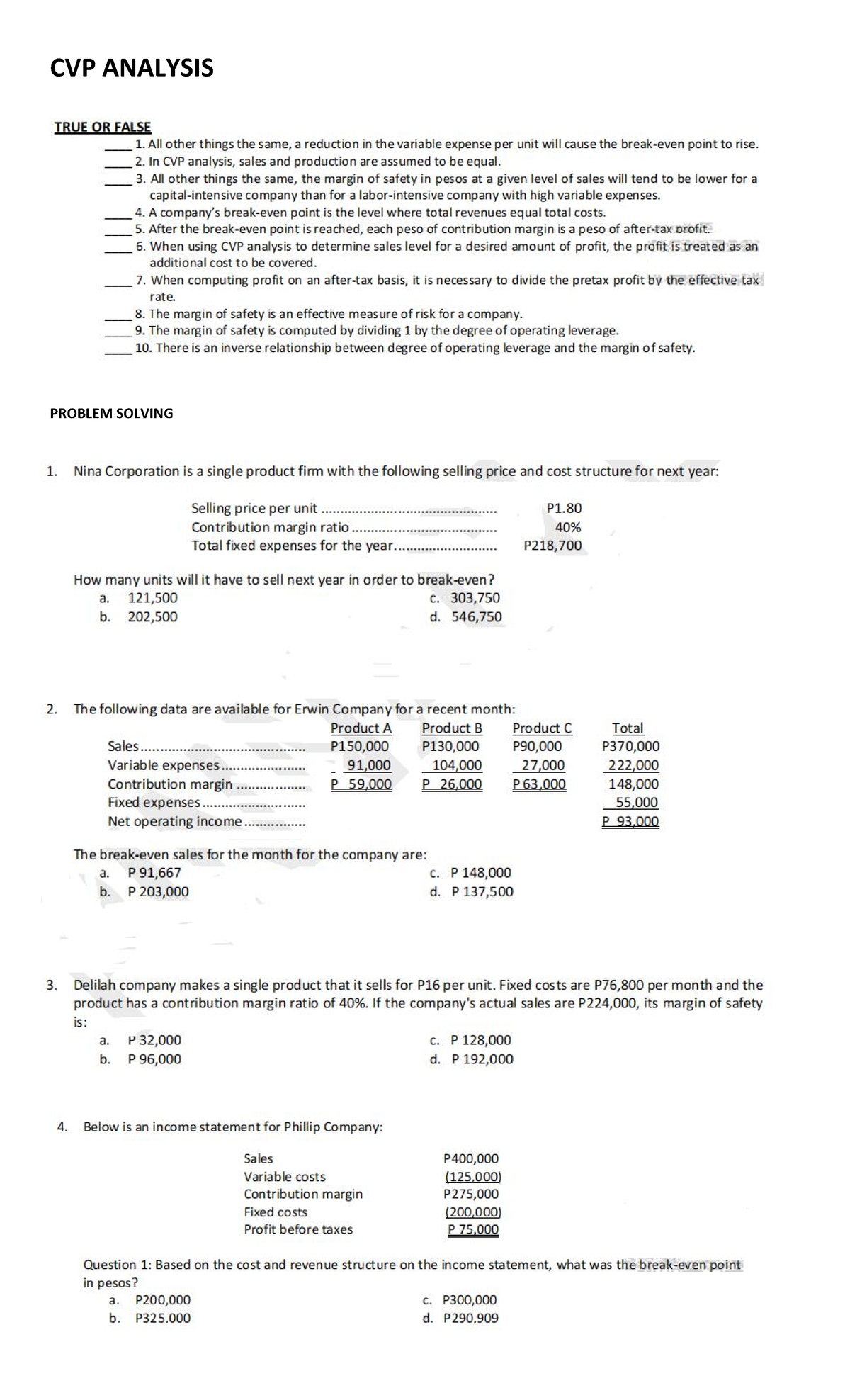 CVP Analysis Practice Questions and Solutions - Studocu