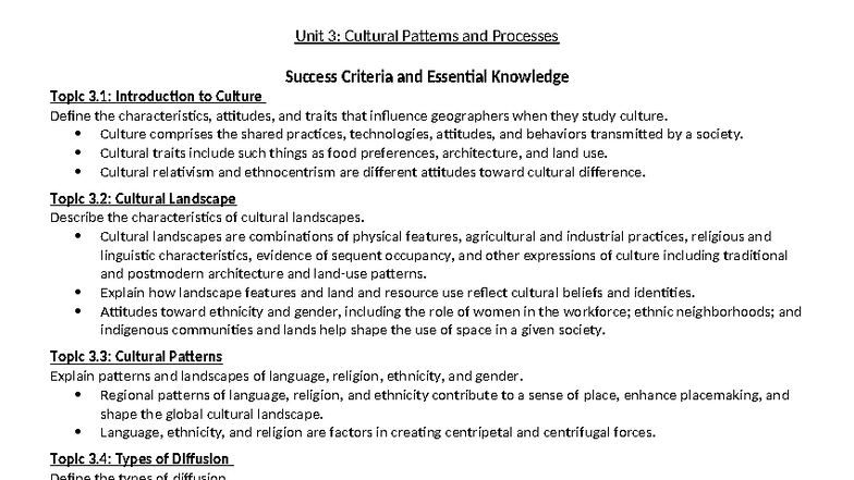Unit 3: Cultural Patterns and Processes - Key Concepts & Vocab - Studocu