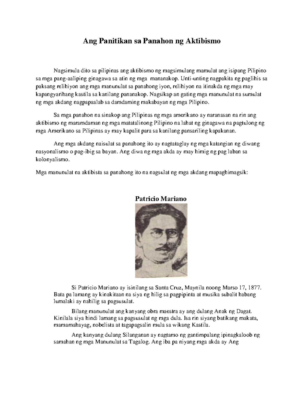 Panitikan sa Panahon ng Aktibismo: Isang Malalim na Pagsusuri - Studocu