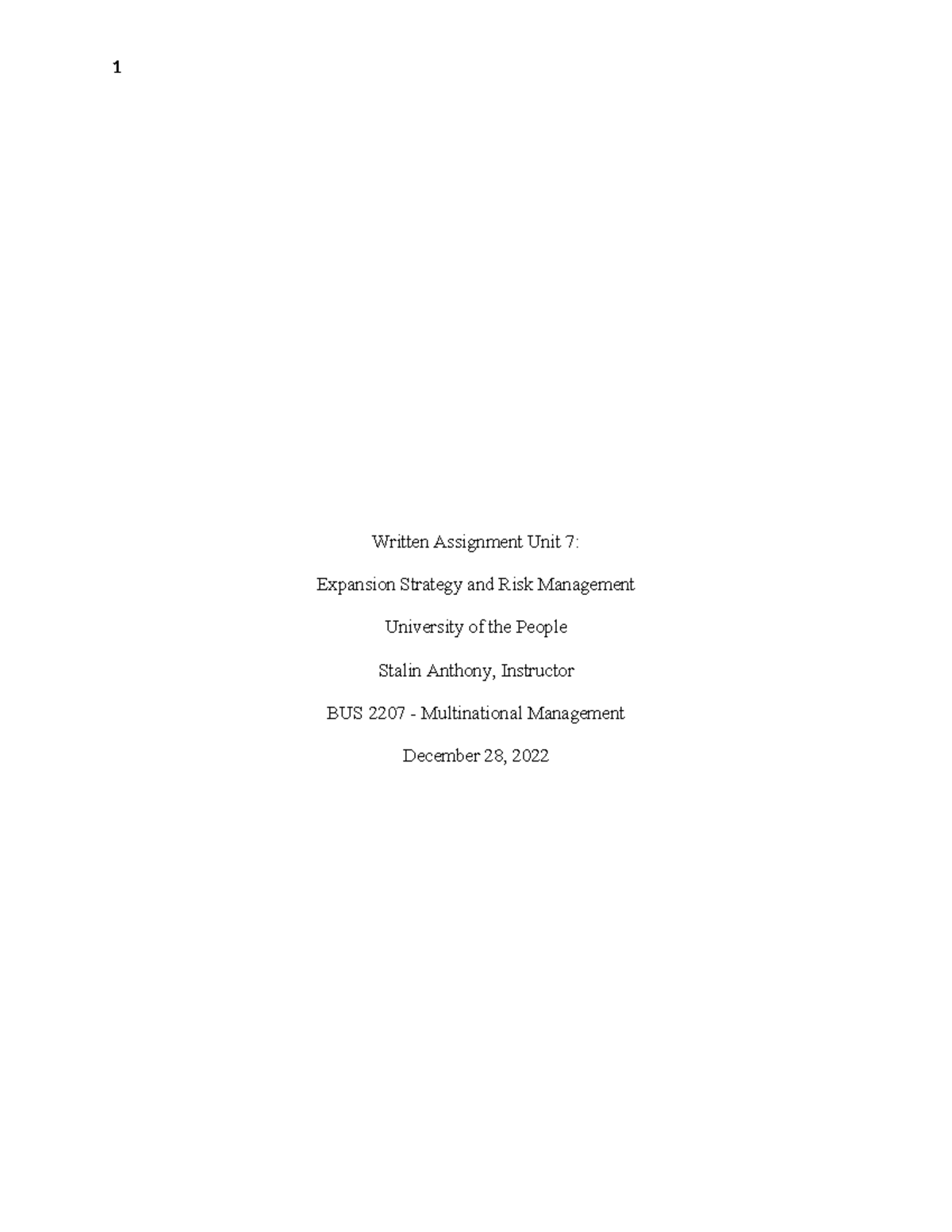 BUS 2207 Written Assignment Unit 7 - Written Assignment Unit 7 ...
