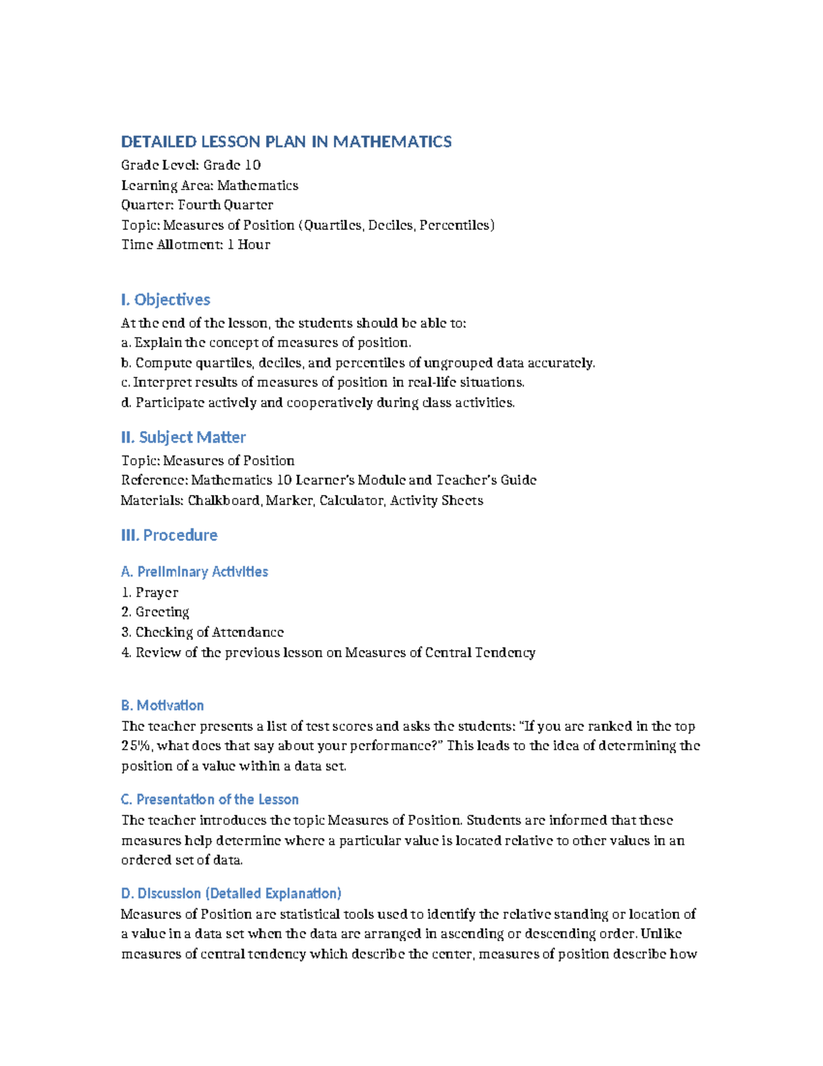 Detailed Lesson Plan: Measures of Position in Math 10 - Studocu
