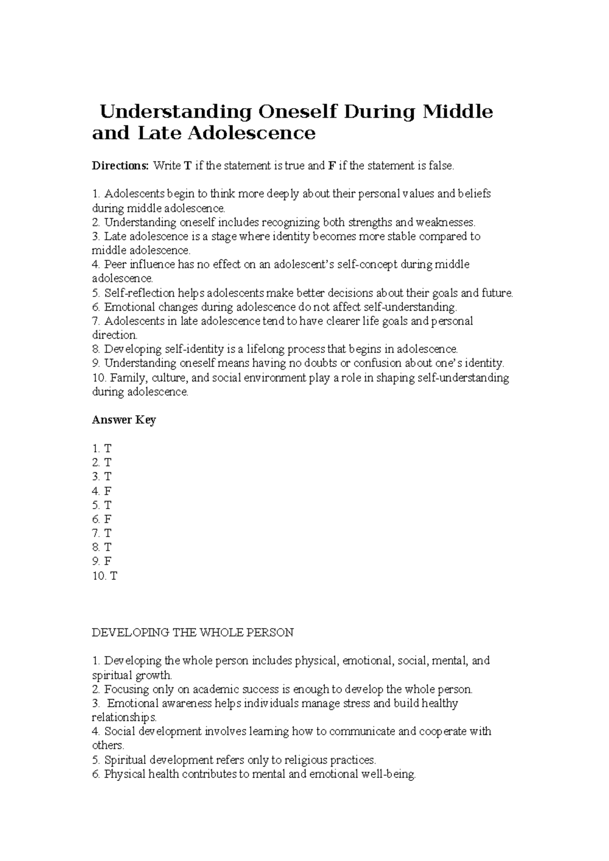 Personality Development Quiz: True or False on Adolescence - Studocu