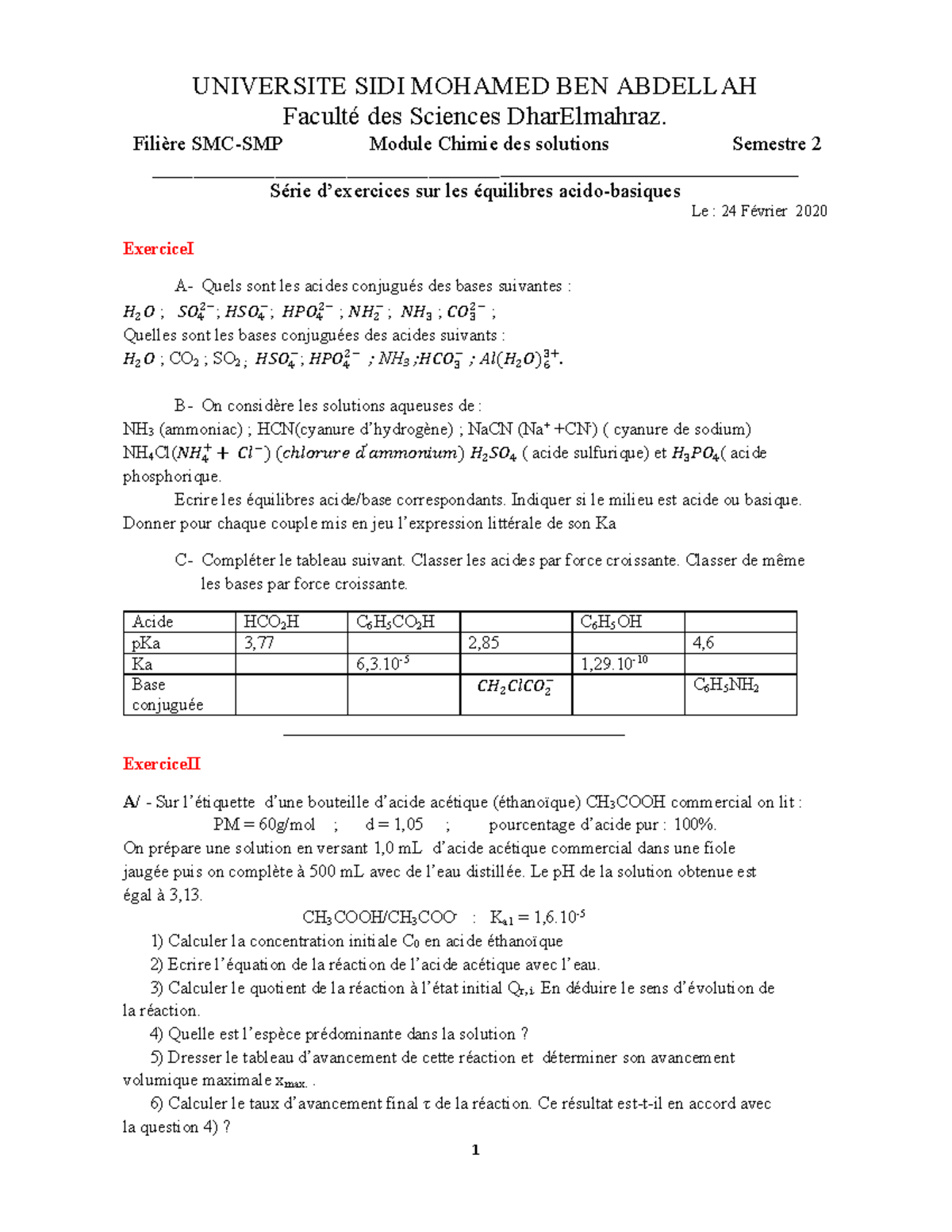 TD chimie de solution smpc s2 - 1 UNIVERSITE SIDI MOHAMED BEN ABDELLAH Faculté des Sciences ...