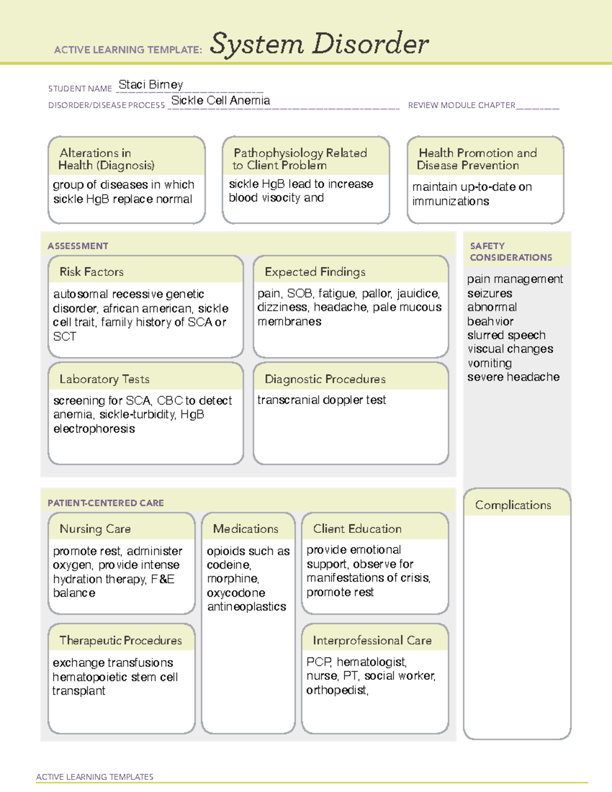 Sickle cell disease - ACTIVE LEARNING TEMPLATES System Disorder STUDENT ...