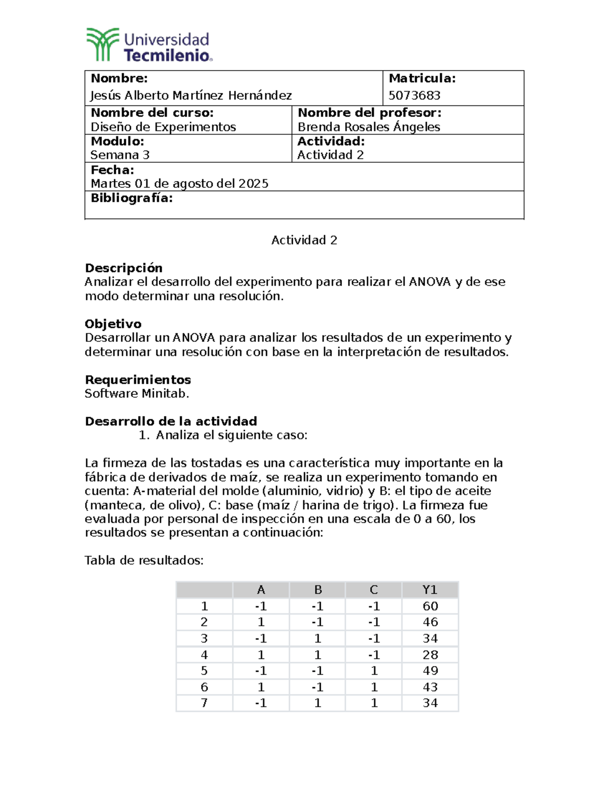 Actividad 2: ANOVA en Diseño de Experimentos (5073683) - Studocu