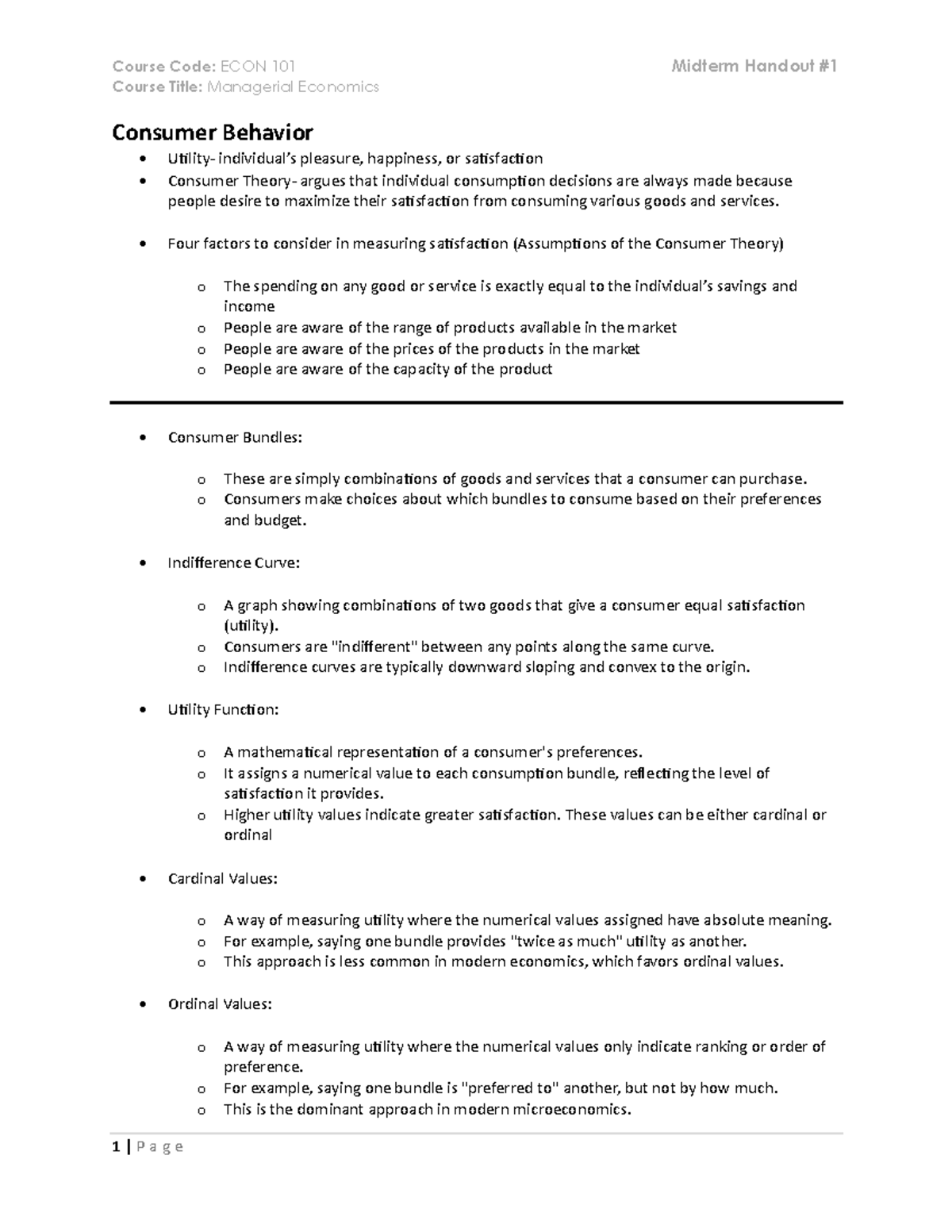 ECON 101 Managerial Economics Midterm Handout: Consumer Behavior Insights - Studocu