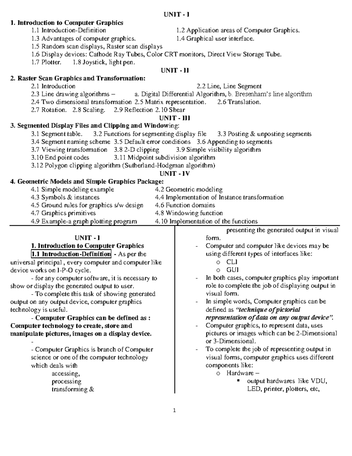 Computer Graphics Notes: Comprehensive Overview of All Units - Studocu