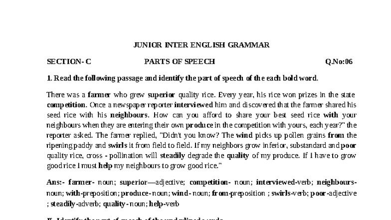 JUNIOR INTER ENGLISH GRAMMAR: PARTS OF SPEECH EXERCISES - Studocu