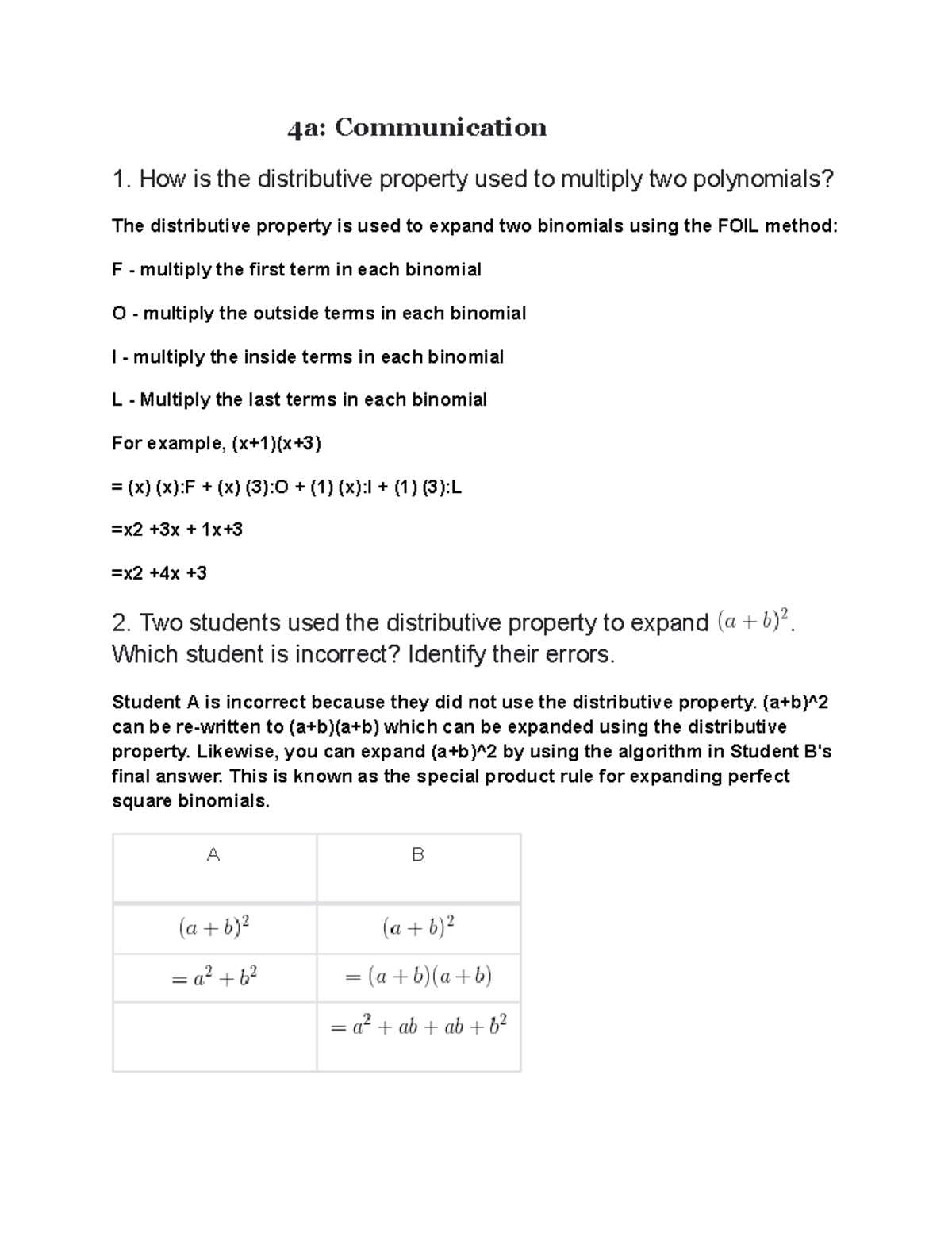 4A: Communication - Distributive Property & Polynomial Factoring Guide ...