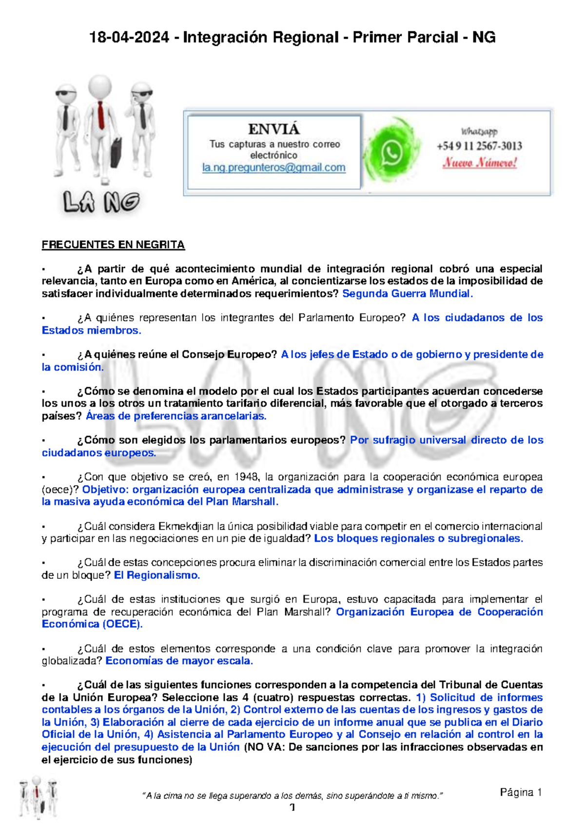 Derecho de Integración Regional 1er Parcial NG - Preguntas Clave y Respuestas - Studocu