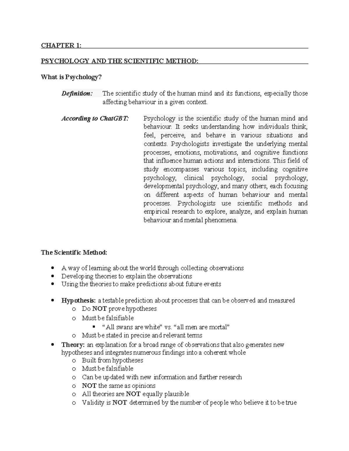 CHAPTER 1: PSYCHOLOGY AND THE SCIENTIFIC METHOD - Overview and Key ...