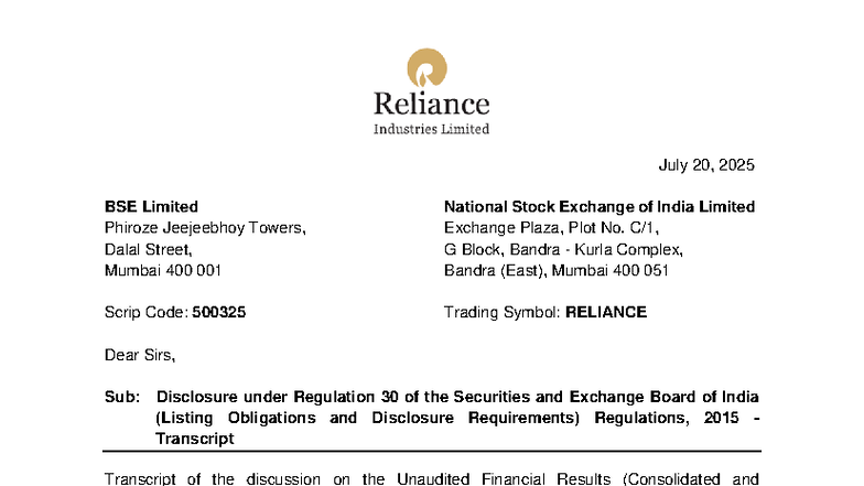 RIL Q1 2025 Concall Transcript & Financial Results Overview - Studocu
