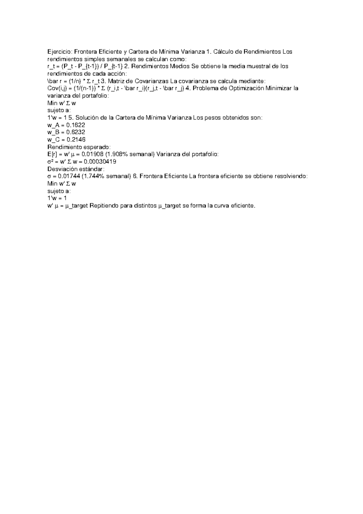 Ejercicio: Frontera Eficiente y Cartera de Mínima Varianza - Studocu