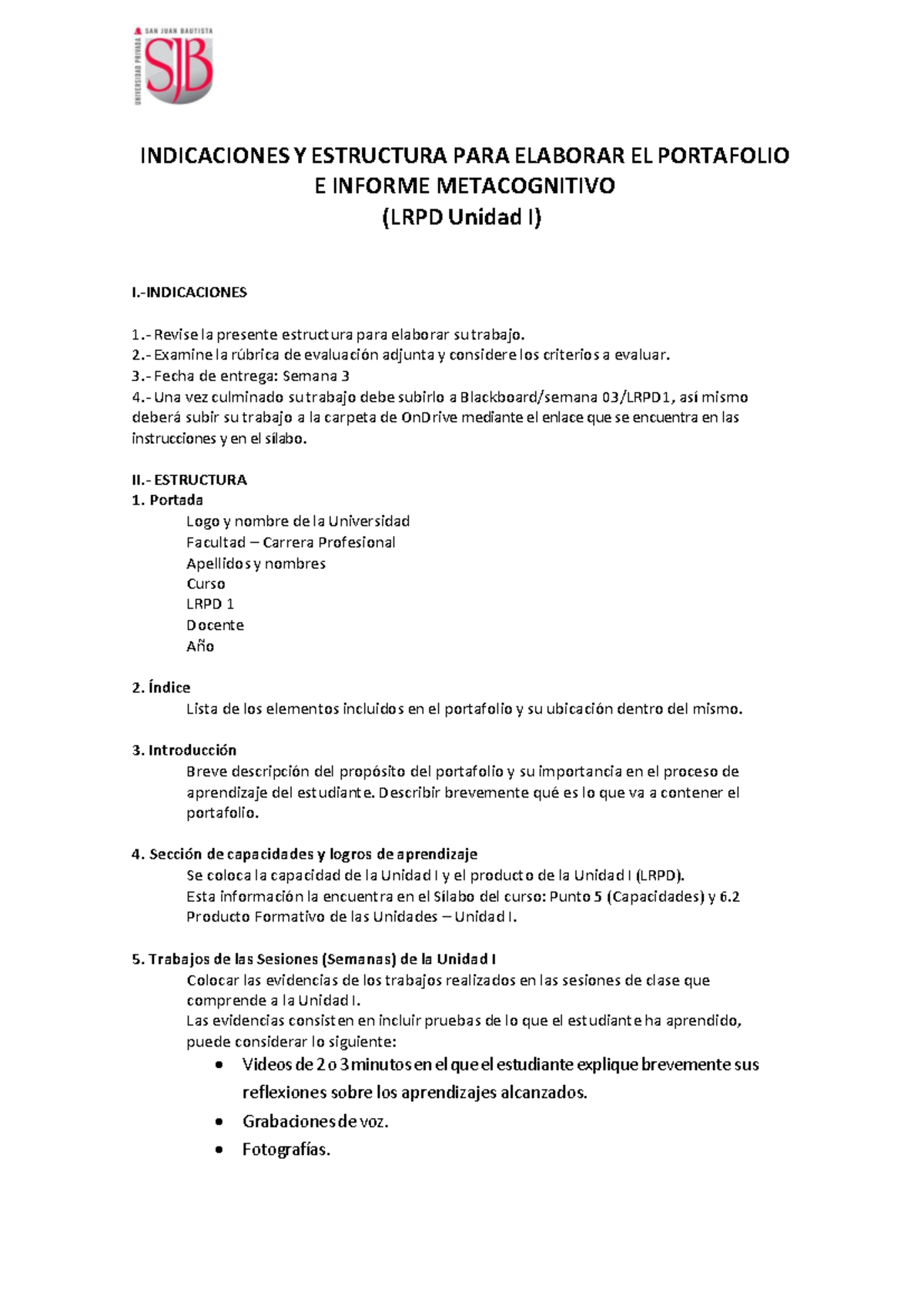 Indicaciones y Estructura del Portafolio e Informe Metacognitivo (LRPD 1) - Studocu