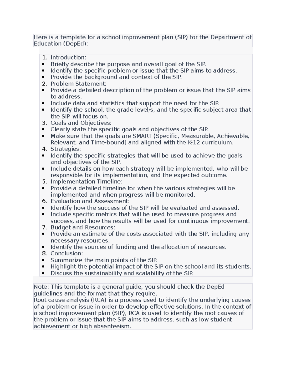 RCA Template for School Improvement Plan (SIP) - Guidelines and Steps ...