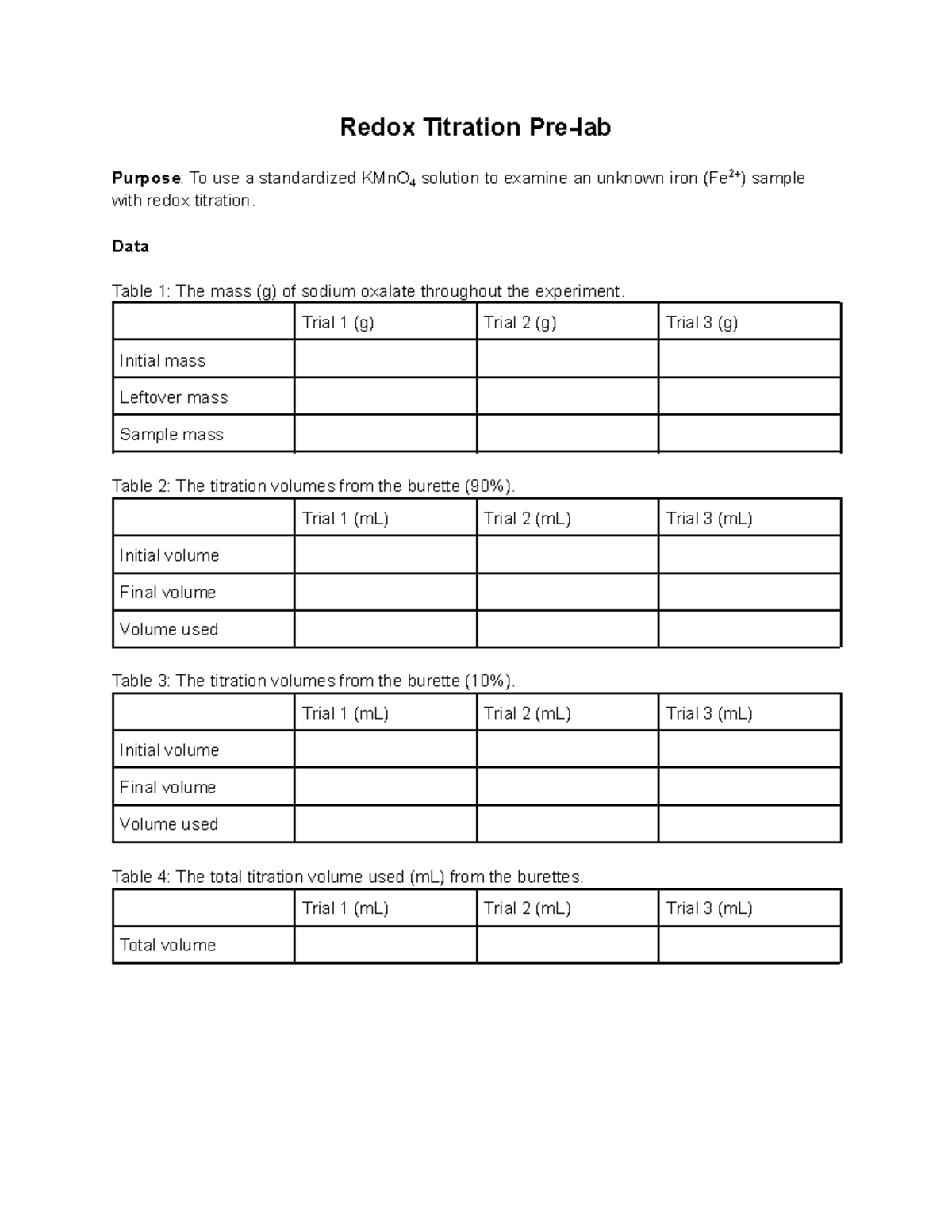 Redox Titration Pre-lab Report for Chemistry 101 - Studocu