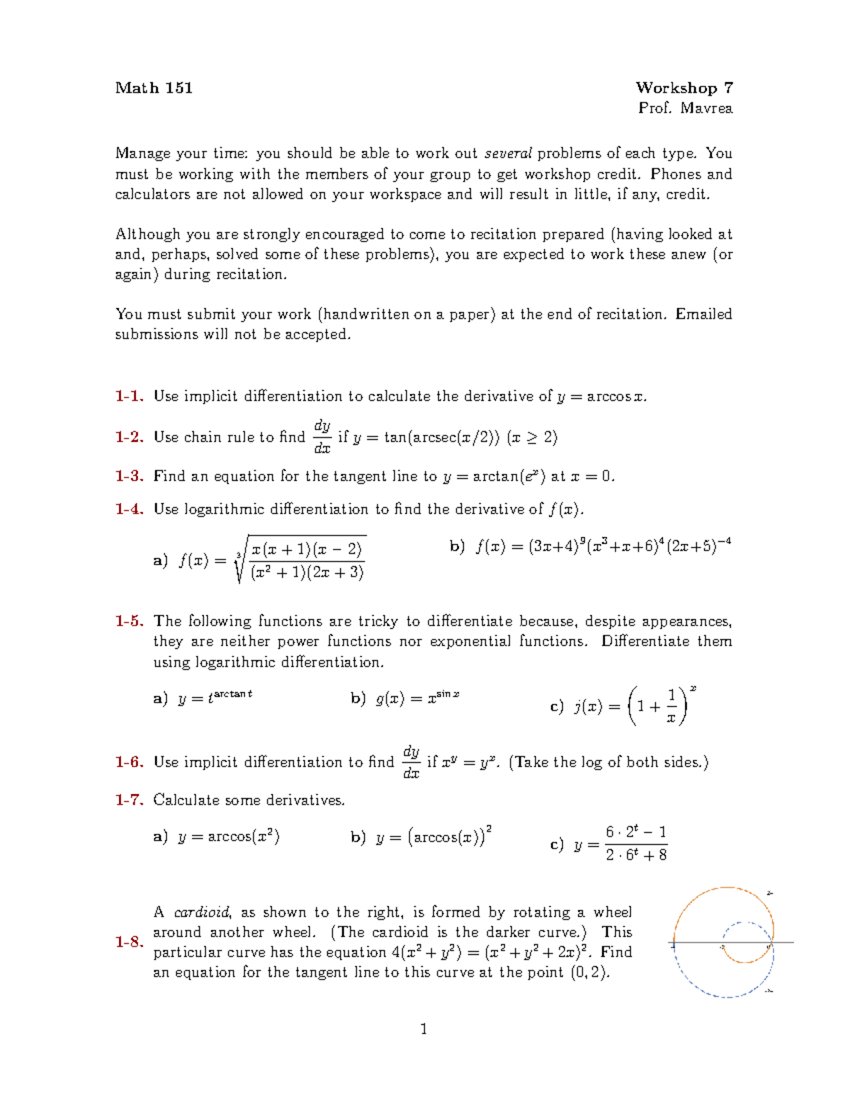 Math 151 Workshop 7: Implicit & Logarithmic Differentiation - Studocu