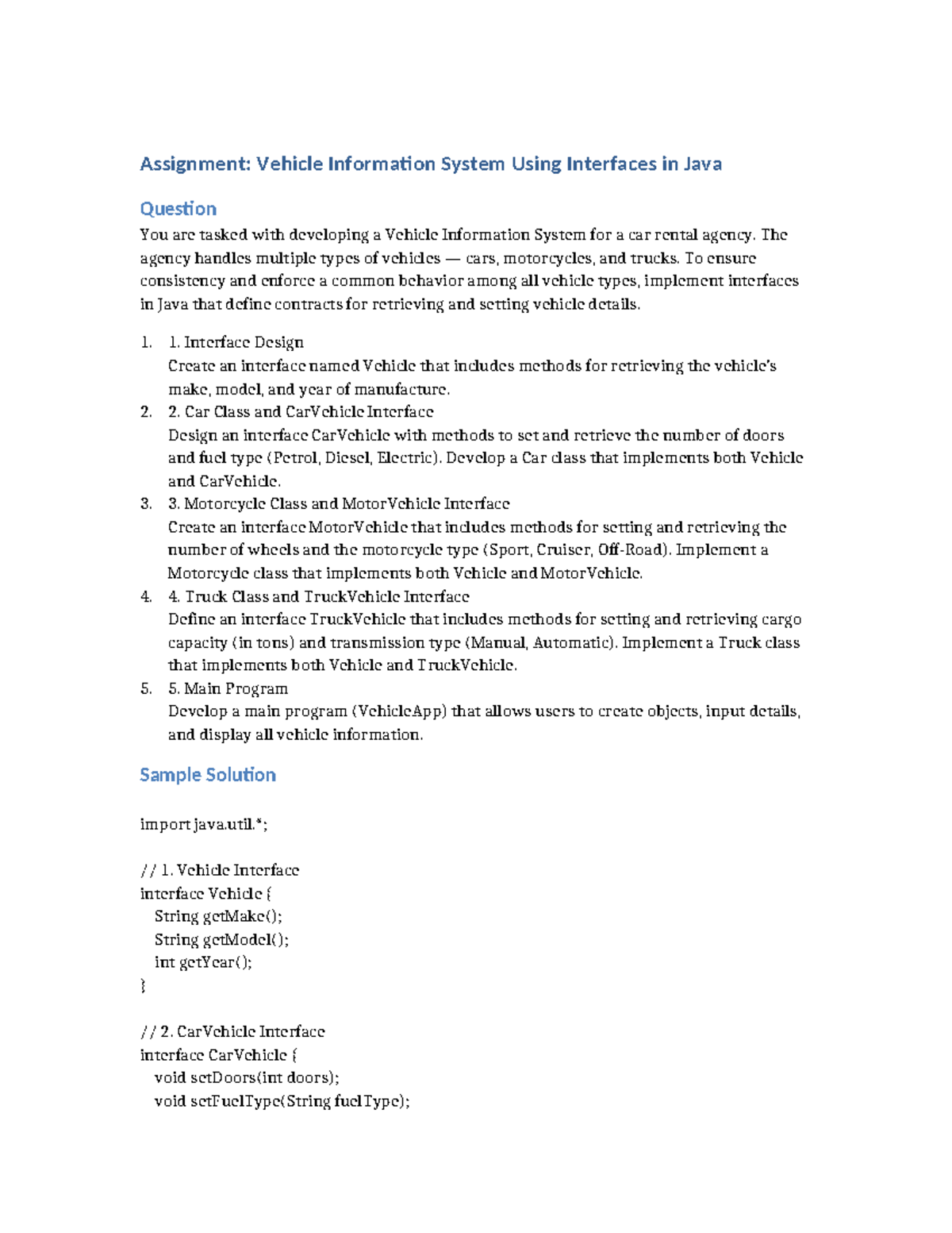 Assignment: Vehicle Info System Using Interfaces in Java - Studocu