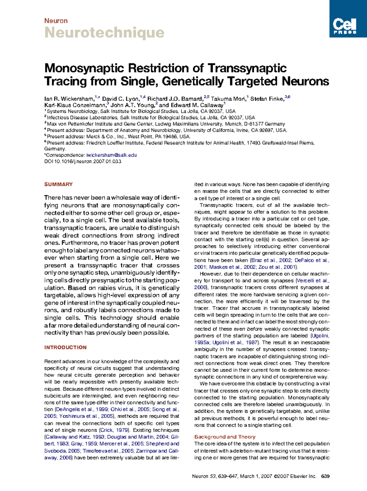 Neuron 53: Monosynaptic Tracing with Genetically Targeted Rabies Virus ...
